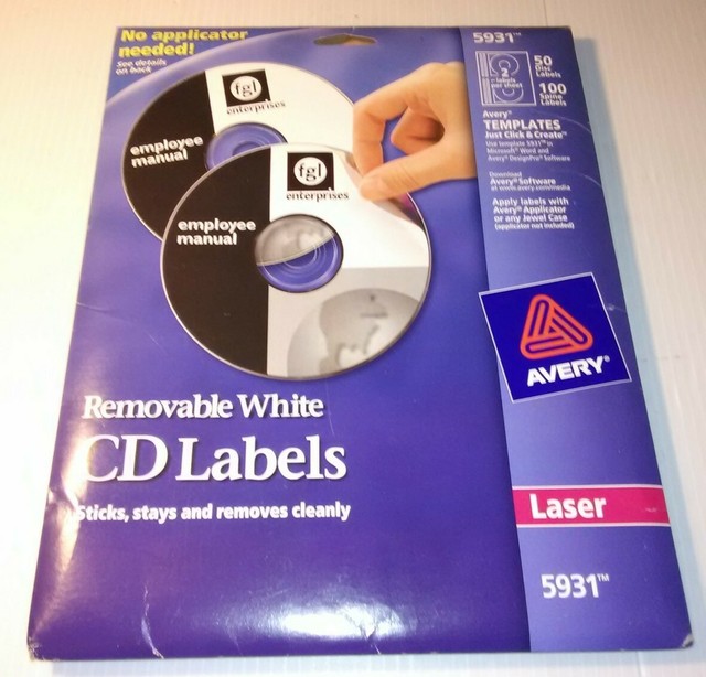 AVERY 5931 Removable White CD DVD Laser Labels 25 Sheets 50 Disc AVERY 5931 Removable White CD DVD Laser Labels 25 Sheets 50 Disc