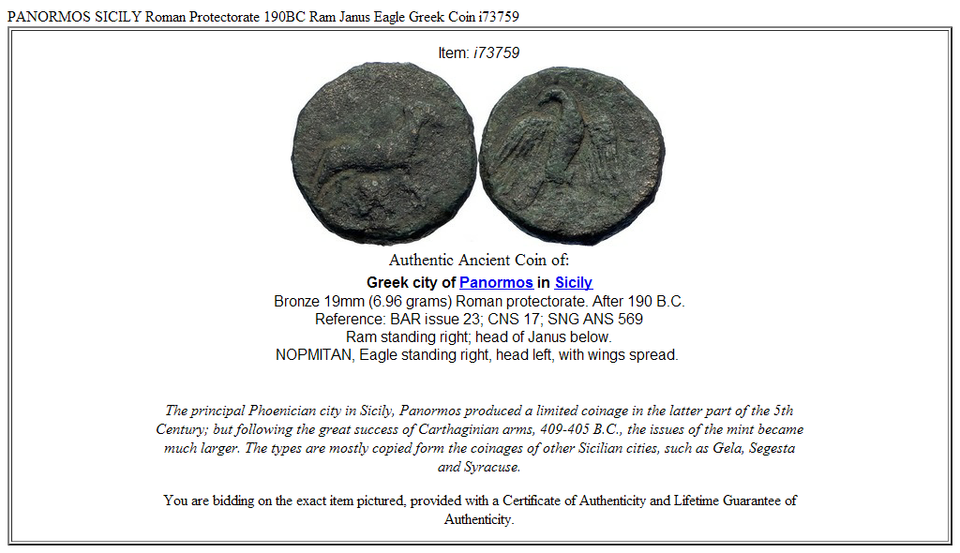 PANORMOS SICILY Roman Protectorate 190BC Ram Janus Eagle Greek Coin ...