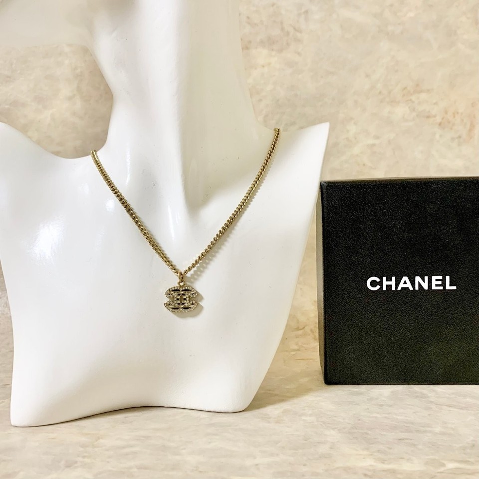 CHANEL Necklace Coco Mark Border Rhinestone Stone Black Gold Logo Used ...