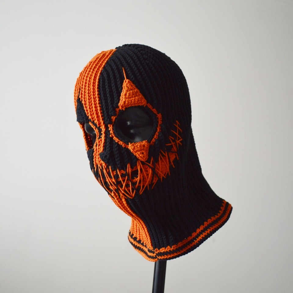 Custom knit creepy black orange balaclava baddie Crochet ghost clown ...