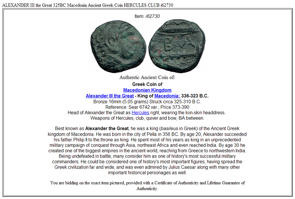 ALEXANDER III the Great 325BC Macedonia Ancient Greek Coin HERCULES ...