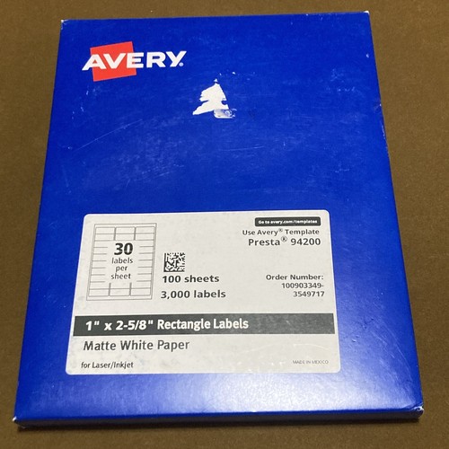 Avery Presta 94200 Rectangle Labels 1” -5/8” Matte white paper 100 ...