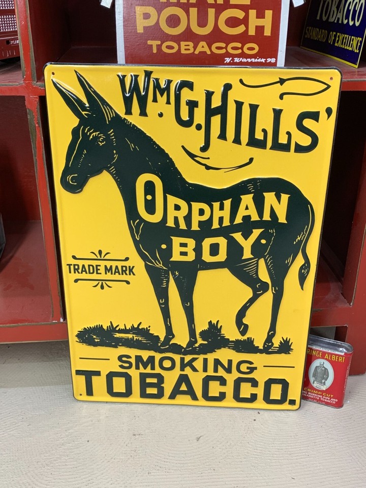 "ORPHAN BOY SMOKING TOBACCO" EMBOSSED METAL ADVERTISING SIGN, (20"x 14 ...