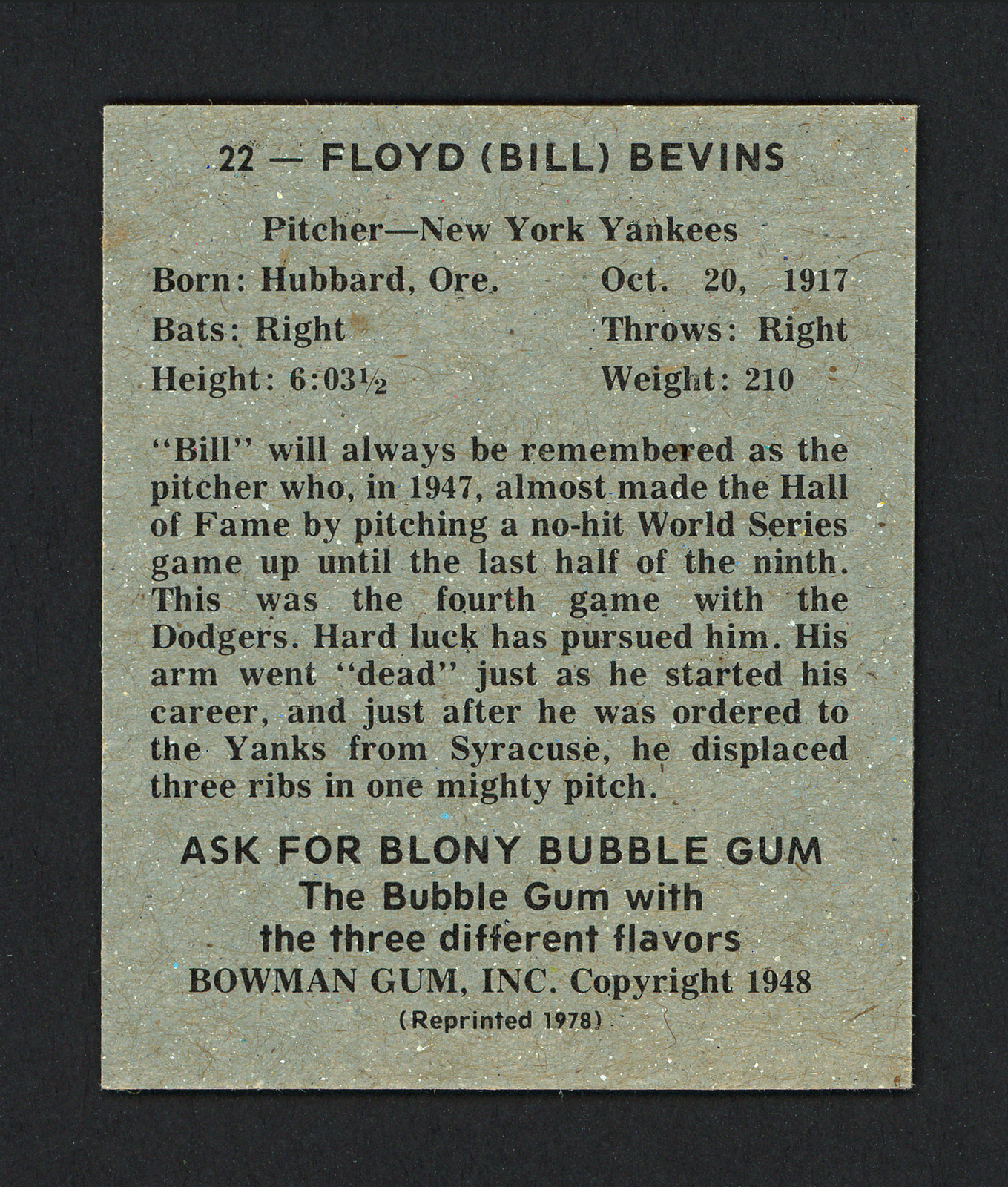 Bill Bevens Autographed 1978 Bowman 1948 Bowman Reprint Card #22 ...