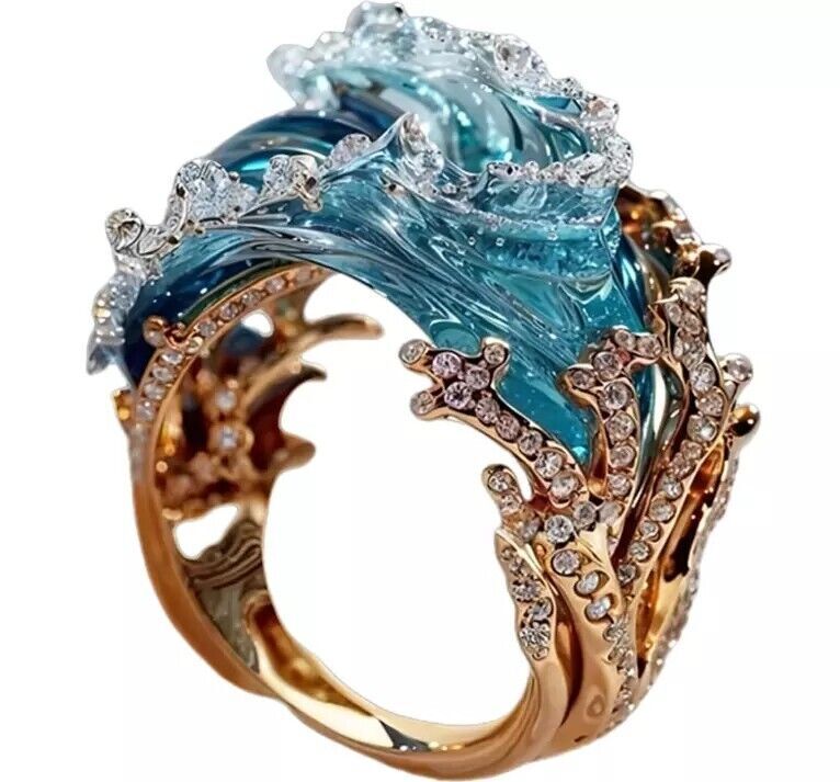 Ocean's Oath Necklace Set, Boho Blue Ocean Wave Necklace Earring Rings ...