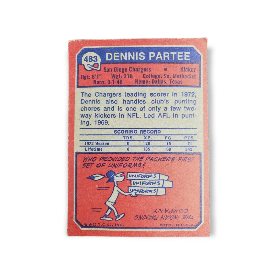 1973 Topps Football Dennis Partee Card #483 San Diego Chargers Trading ...