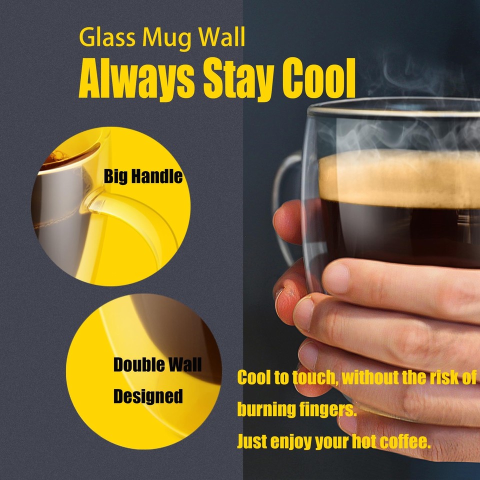 17oz.500ml Large Glass Coffee Mug Set of 2 Clear Mugs Double Walled ...