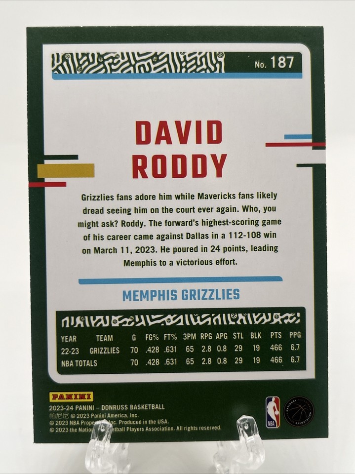 2023-24 Panini Donruss David Roddy Green Laser Holo #187 - Grizzlies ...