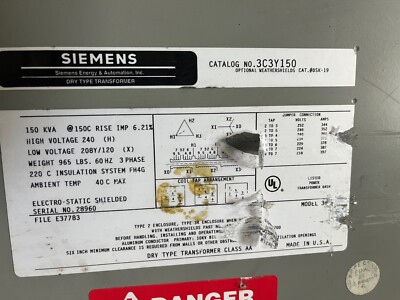 Siemens Transformer 150 kVA HV 240 LV 208/120 3PH Catalog # 3C3Y150 | eBay