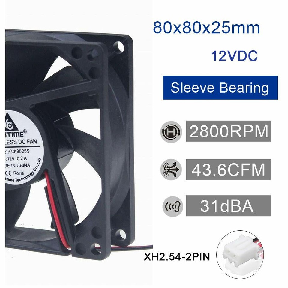 12V 80mm Cooling Fan 2Pin 43.6CFM 80mm x 25mm for CPU Computer Printer ...