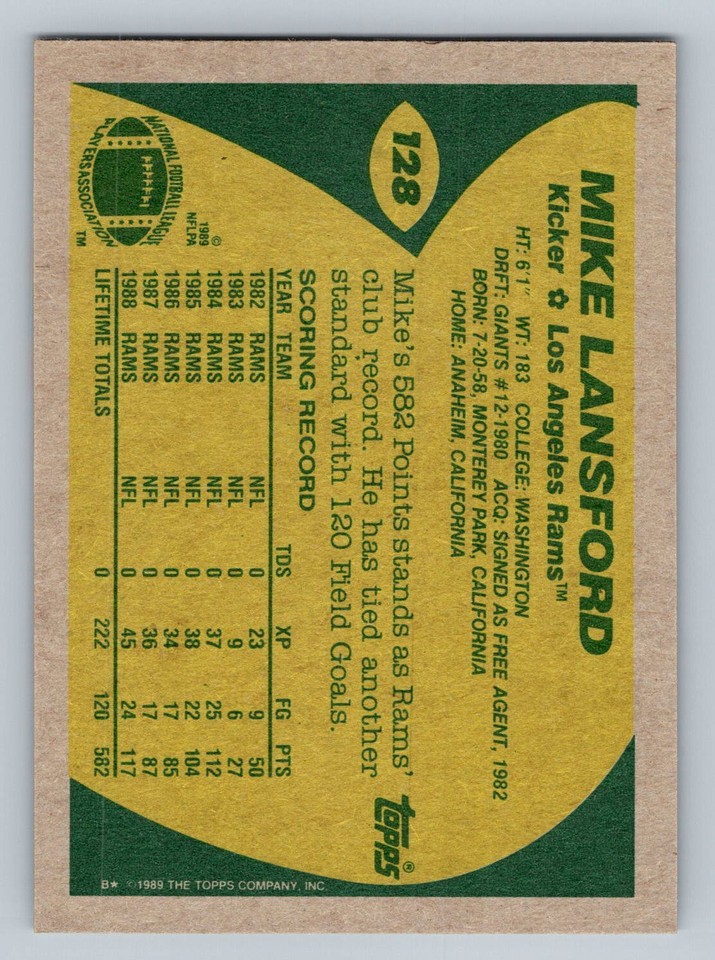 Mike Lansford 1989 Topps #128 Los Angeles Rams Football Card | eBay