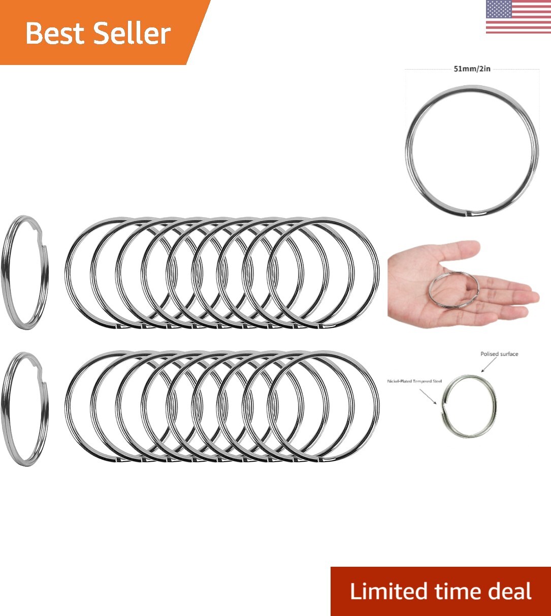 Sturdy 2 Inch Flat Key Rings - Large Split Key Rings - Silver Steel ...