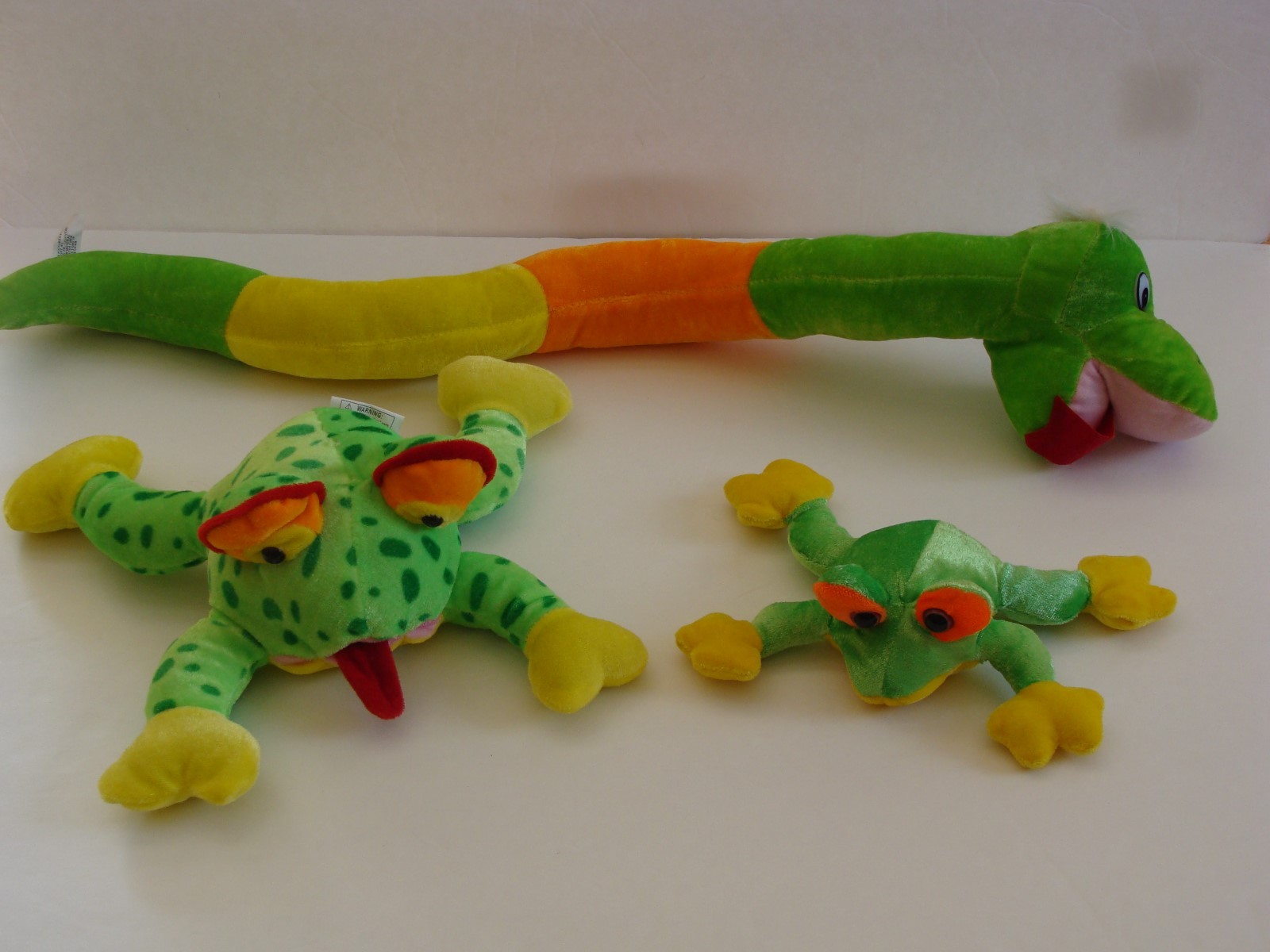 Mixed Lot of 3 Bright Green Yellow Orange Frogs & Snake Plush Stuffed ...