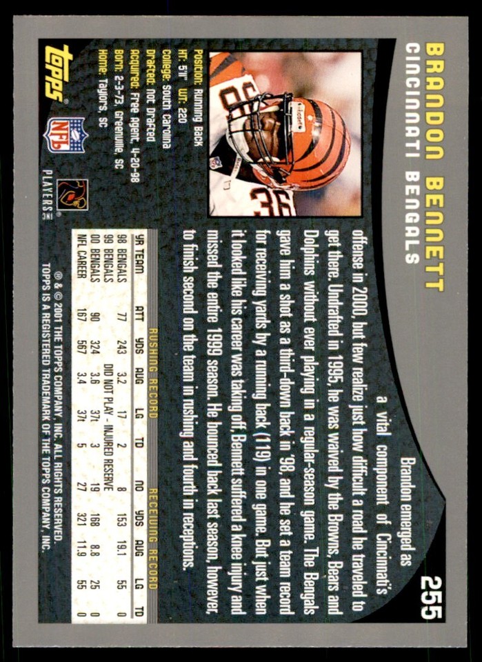2001 TOPPS BRANDON BENNETT CINCINNATI BENGALS #255 | eBay