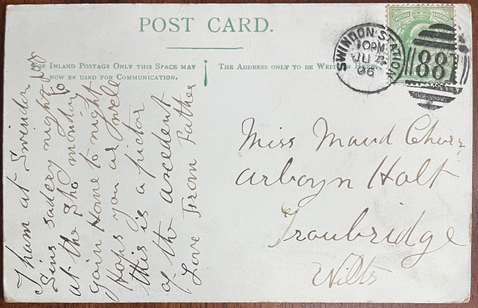 PPC SWINDON TRAM CAR ACCIDENT JUNE 1st 1906 WILTSHIRE TRAM LYING ON ...