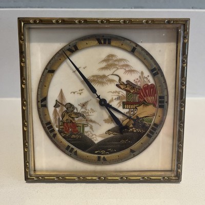 Vintage Square Desk Clock 10cm Brass Tone Roman Numerals Oriental Scene ...