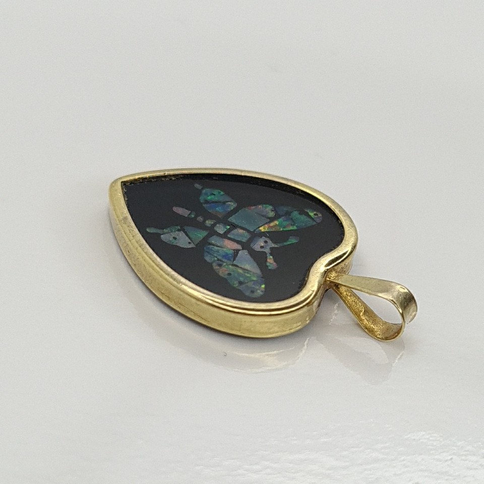 9ct Gold Onyx & Opal Butterfly Heart Pendant 9k 375 093 | eBay UK