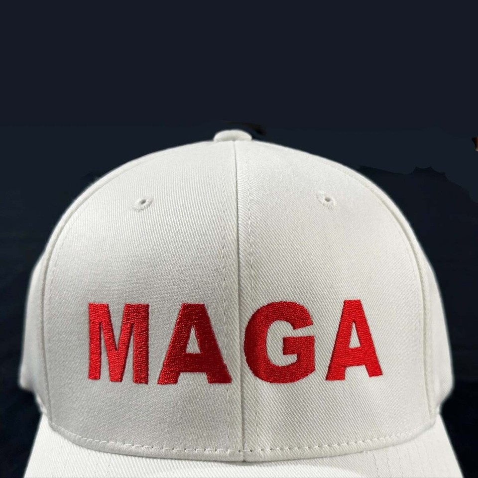 MAGA Embroidered Logo Flexfit White Hat Dad Hat Patriotic Back USA Flag ...