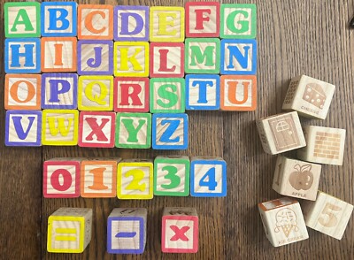 Wooden Block Set Alphabet Numbers Upper/Lower Case Math Symbols Pics ...