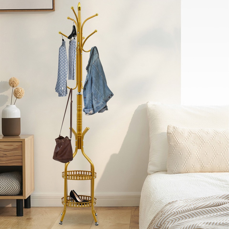 Modern Metal Coat Rack w/Storage Basket Hat Coat Hanger Stand Bedroom ...