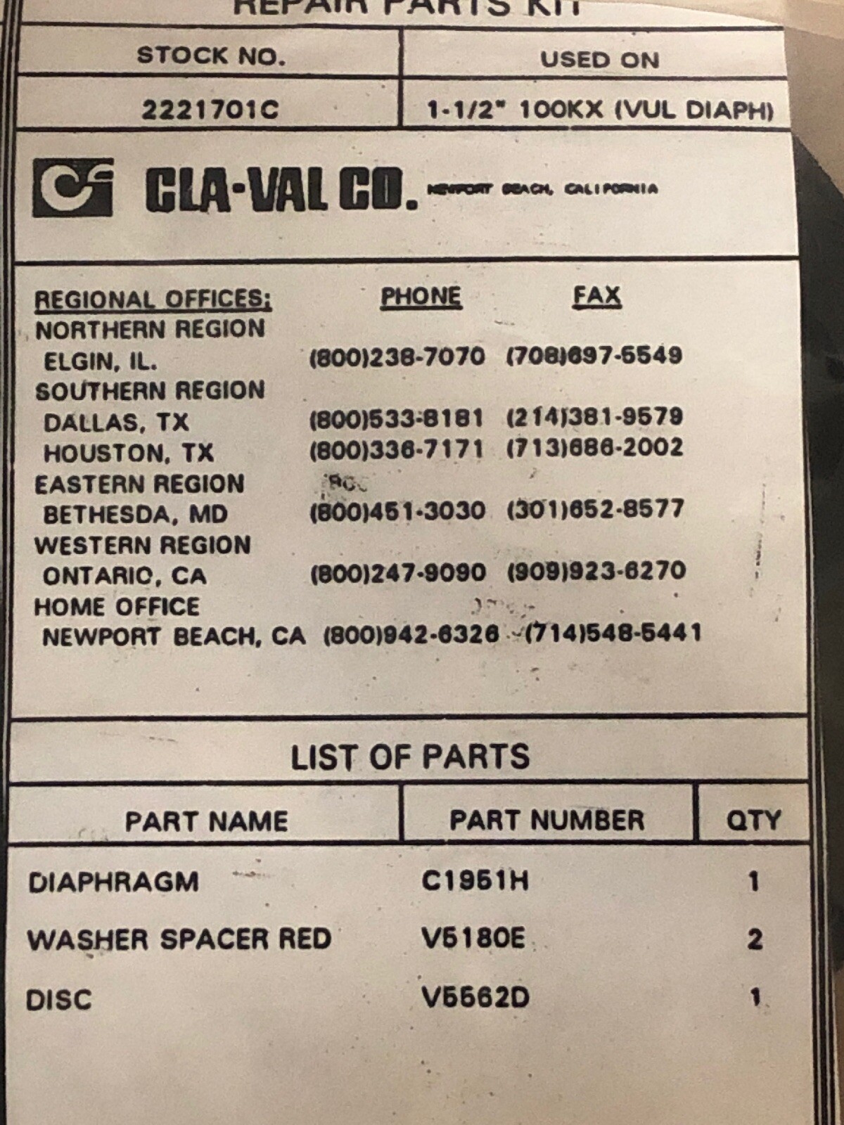 Cla-Val Repair Parts Kit 2221701C | eBay