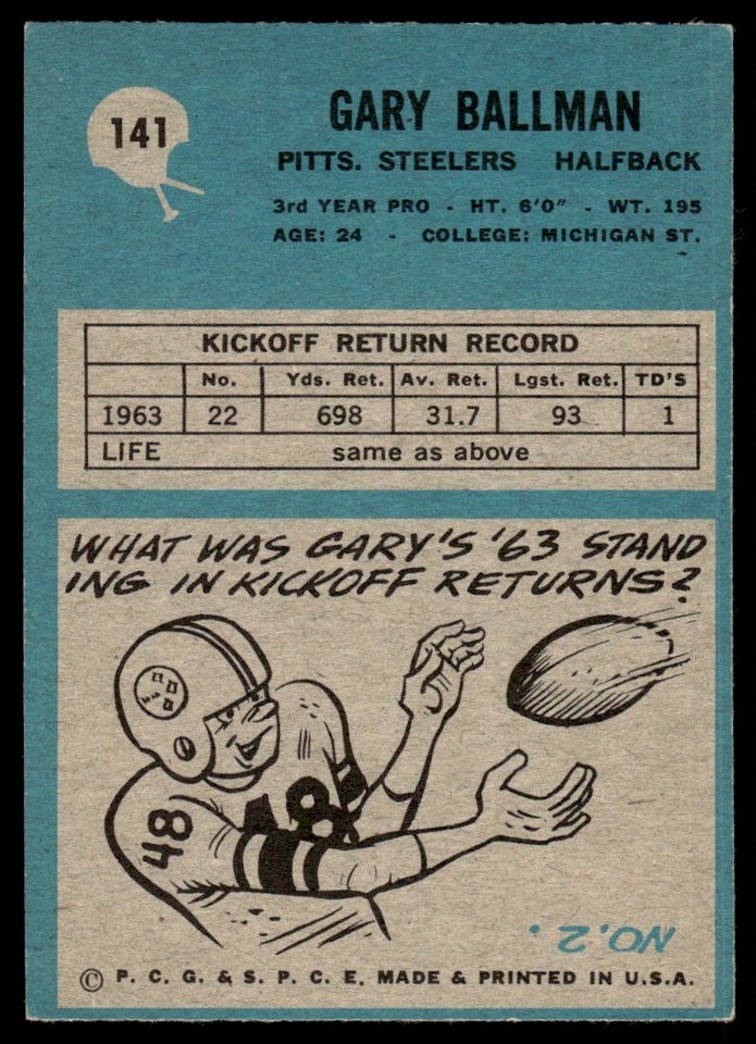 1964 Philadelphia Football Card Gary Ballman Rookie Pittsburgh Steelers ...