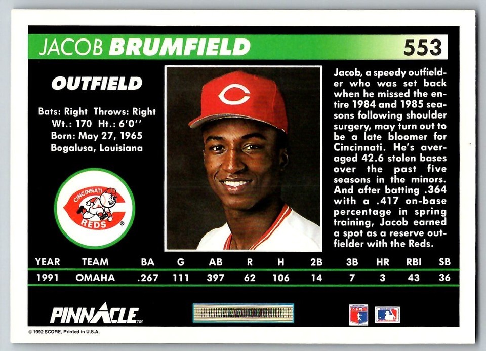 1992 PINNACLE JACOB BRUMFIELD CINCINNATI REDS #553 | eBay