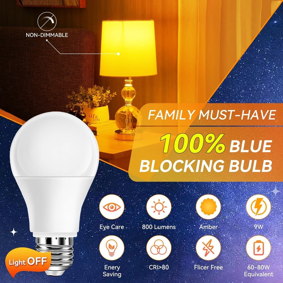 Neporal Amber Sleep Light Bulbs 1800K 4PK, 9W 60 Watt Equivalent, 99.96 ...