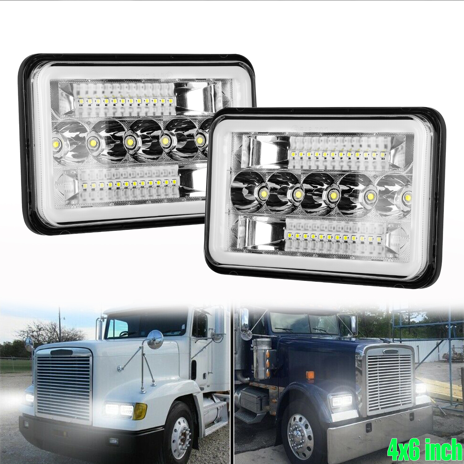 Pair 4X6'' LED Headlights Combo Lamp Work Driving Fog Lights + Mounting ...