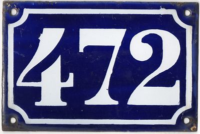 Old blue French house number 472 door gate plate plaque enamel metal ...