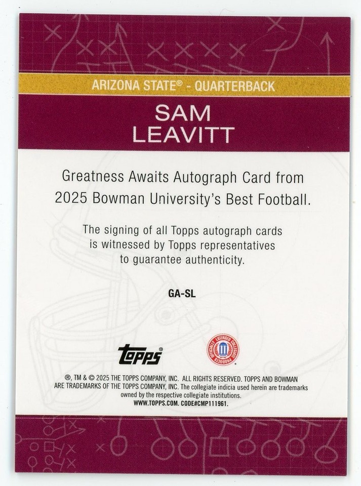 2025 Bowman's Best University #GA-SL Sam Leavitt Greatness Awaits Auto ...