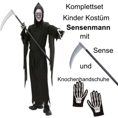 TOP SET Kinder Kostüm Tod Gr. 158 Sensenmann mit Sense und Handschuhe ...