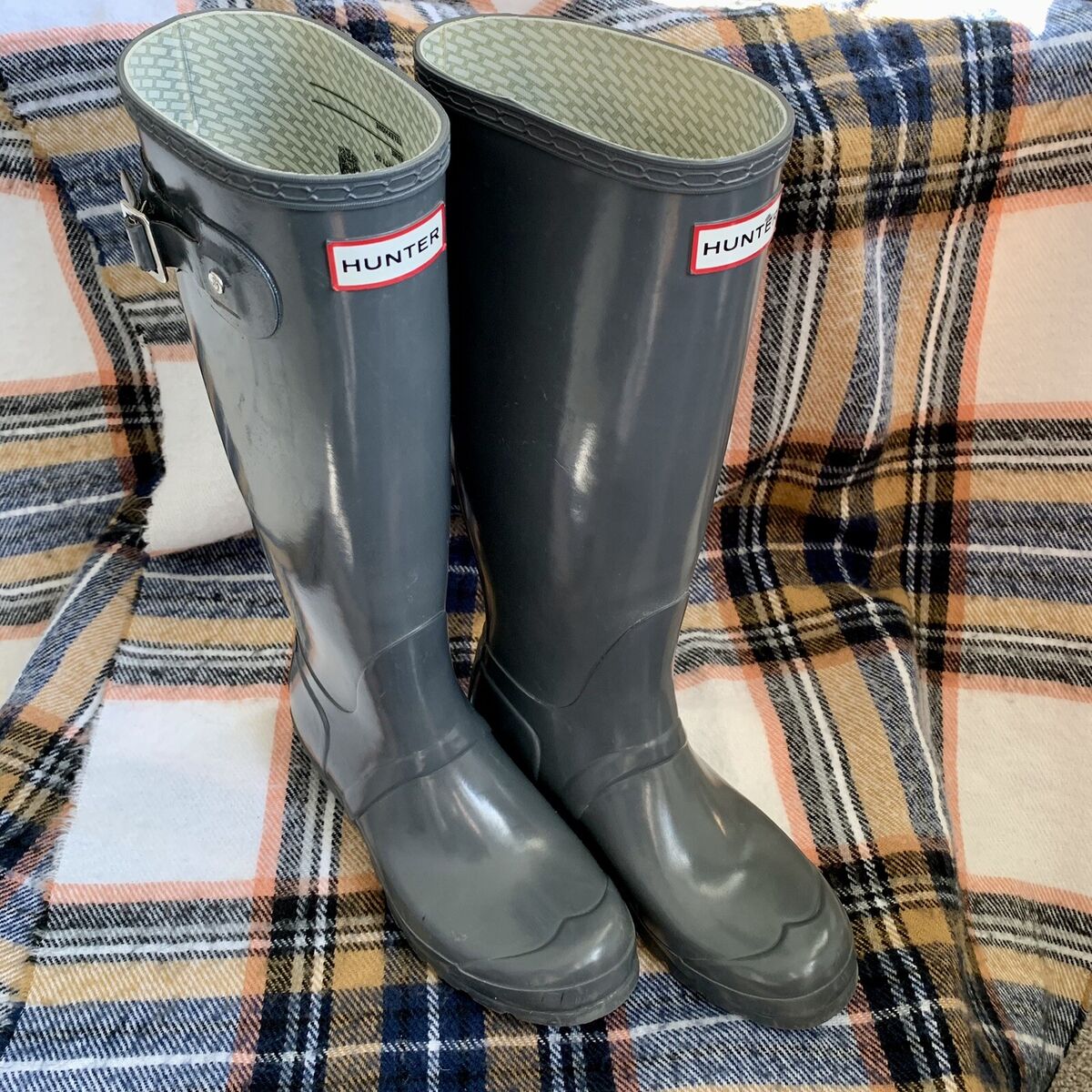 HUNTER Original Gloss Tall Rain Boots Gray Pull On W23616 HUNTER Original Gloss Tall Rain Boots Gray Pull On W23616