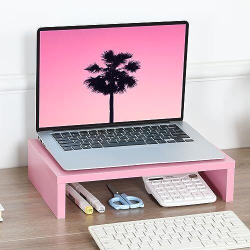 Pink Monitor Stand Riser, Wood Monitor Riser with Storage for Pink-14.2 ...