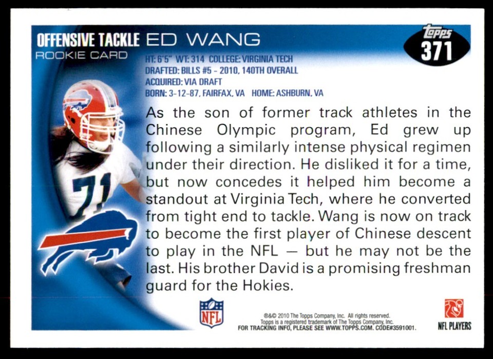 2010 Topps Ed Wang Rookie Buffalo Bills #371 1081 | eBay