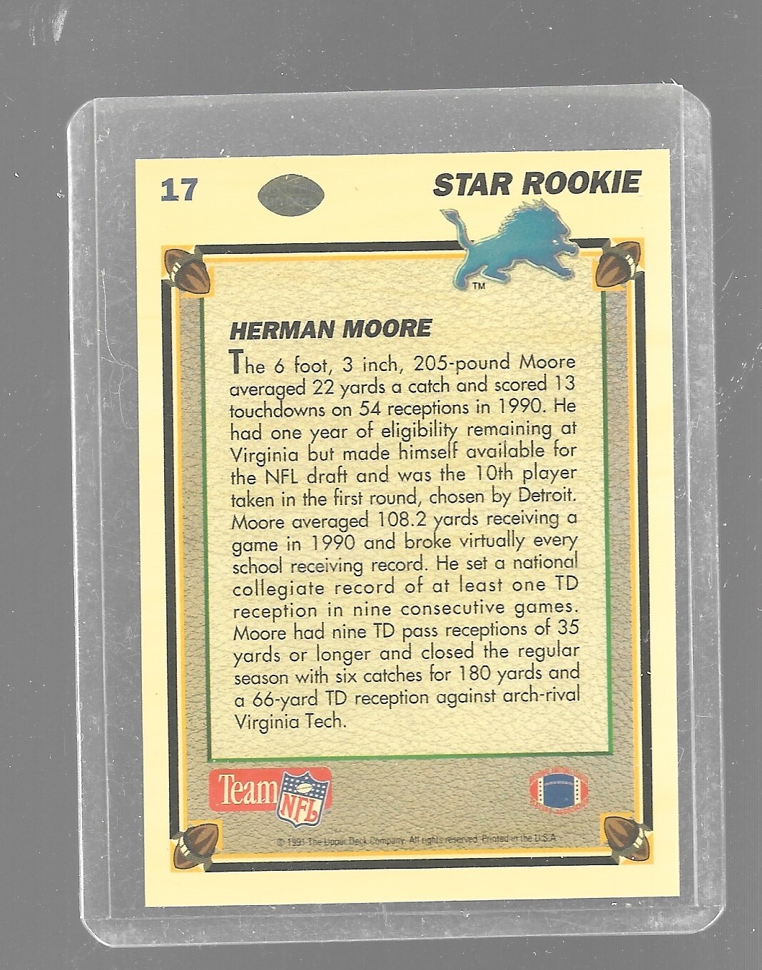 1991 Upper Deck Herman Moore 17 Star Rookie Detroit Lions Football Card ...