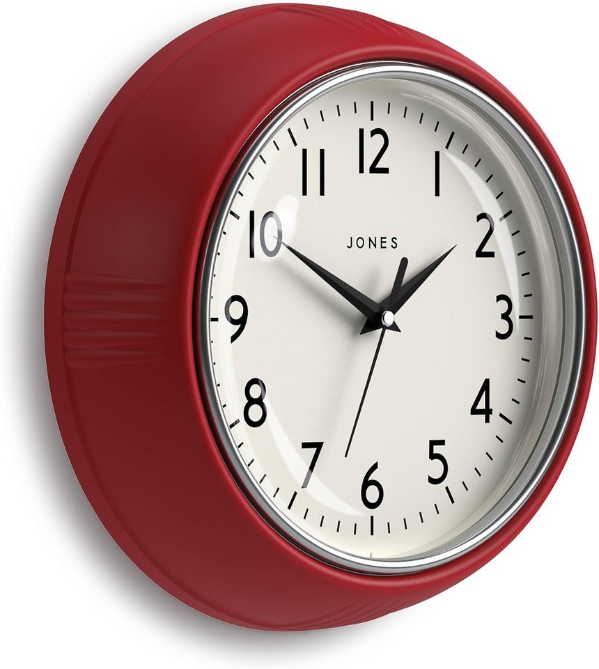 25cm Red Retro Wall Clock | Easy Read Silent Quartz Clock for Kitchen ...