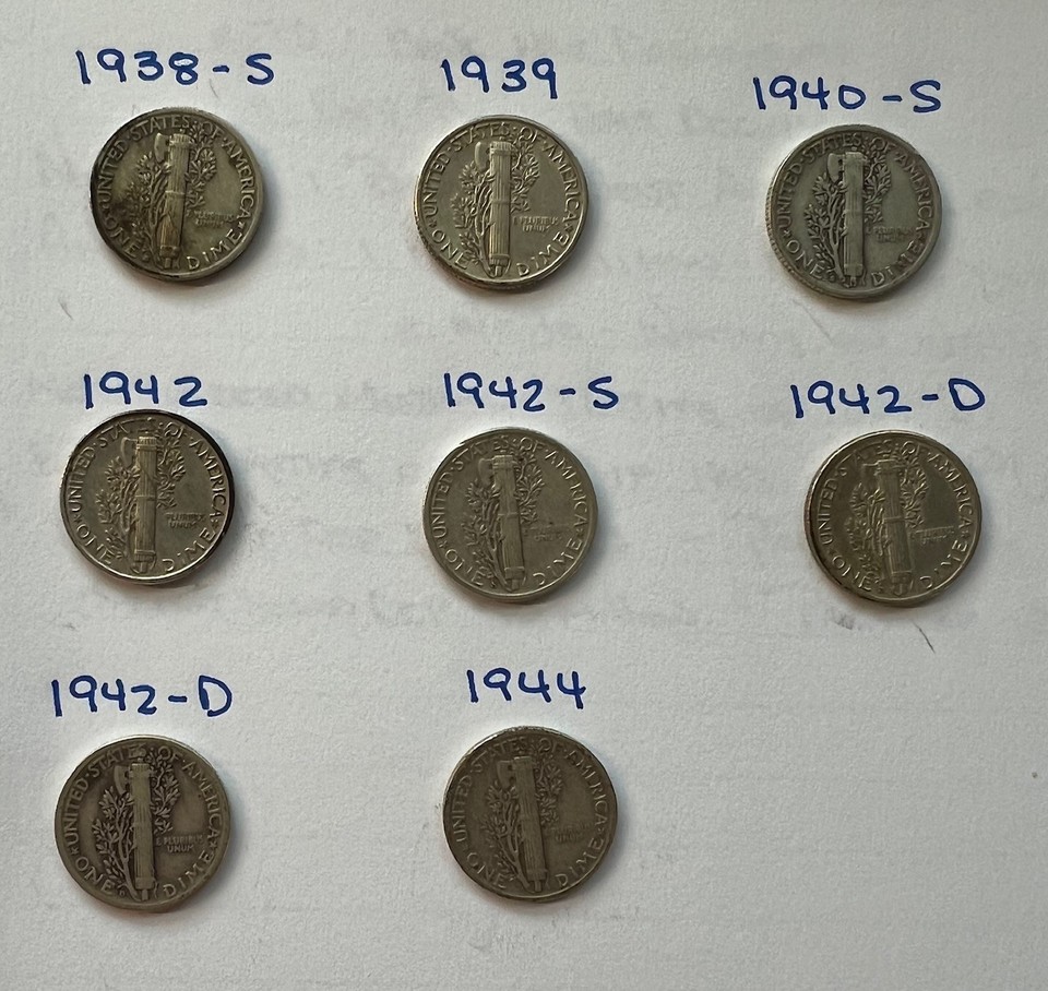 8- Mercury Winged Liberty Head Dime Silver-1938S, 39, 40S, 42, 42S, 42D ...