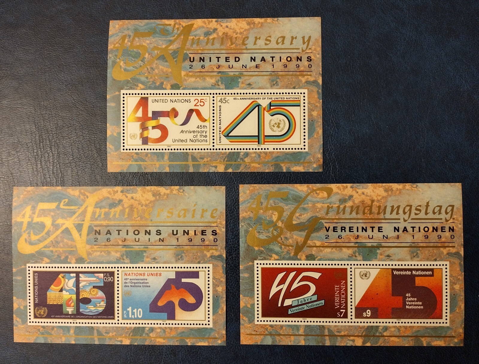 UNITED NATIONS 1990 45th Anniversary NY * Geneva * Vienna MNH UN ...