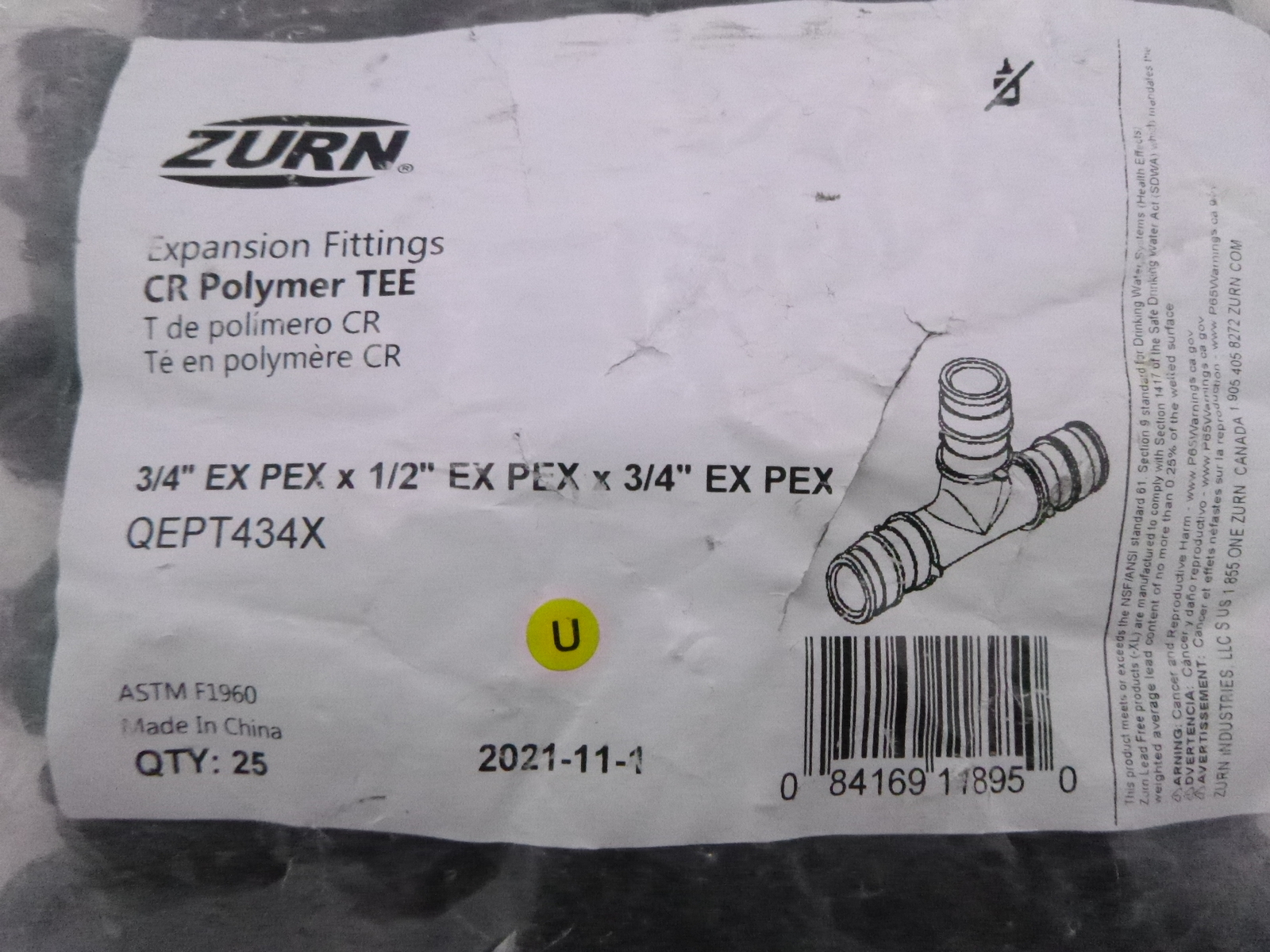 Zurn Expansion PEX Cr Polymer 3/4" X 1/2" X 3/4" Tee - QEPT434X for ...