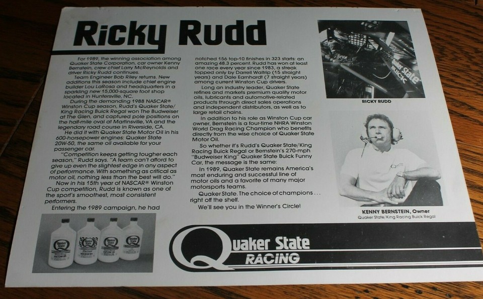 Ricky Rudd 1992 93 Quaker State Racing #26 Nascar 8 x 10 promo card | eBay