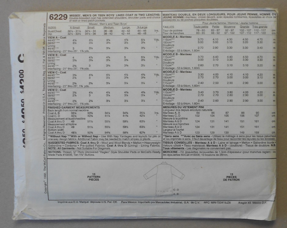 MCCALL'S sewing pattern 6229. COATS. Size XL. Chest/bust 44-46". UNUSED ...