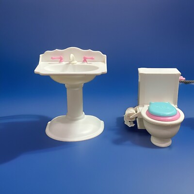 Barbie Bathroom Set Sink And Toilet With Tissue White Pink Teal | eBay
