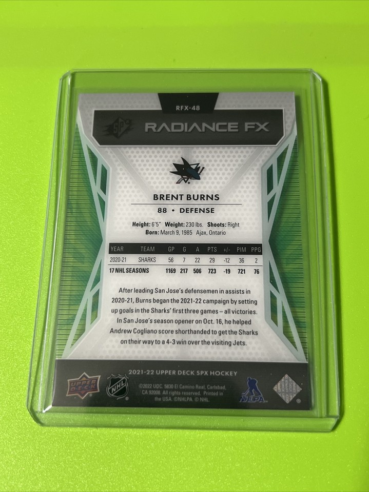 2021-22 Upper Deck SPx Hockey RADIANCE FX Insert Sharks BRENT BURNS RFX ...