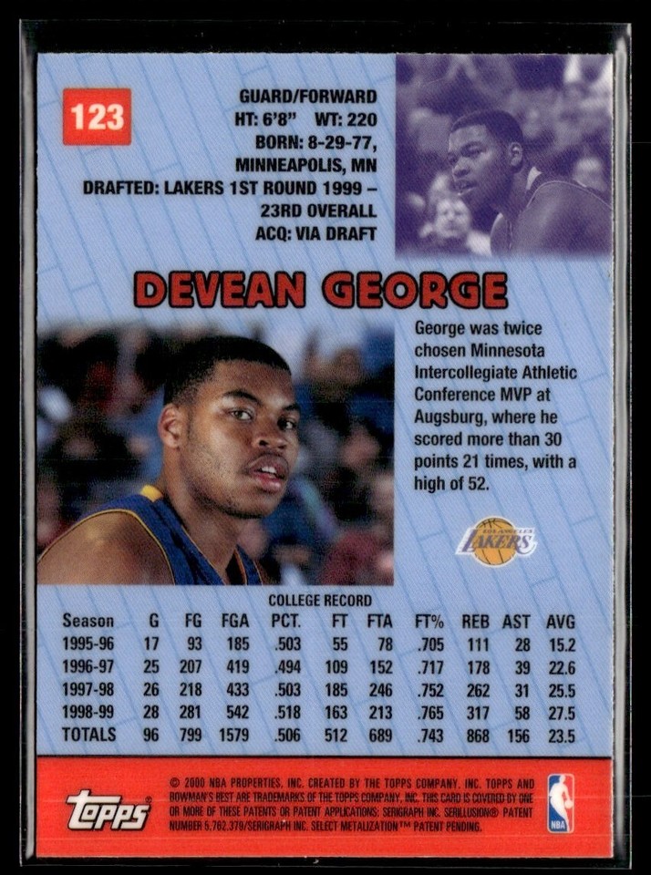 1999-00 Bowman's Best Devean George Rookie Los Angeles Lakers #123 | eBay