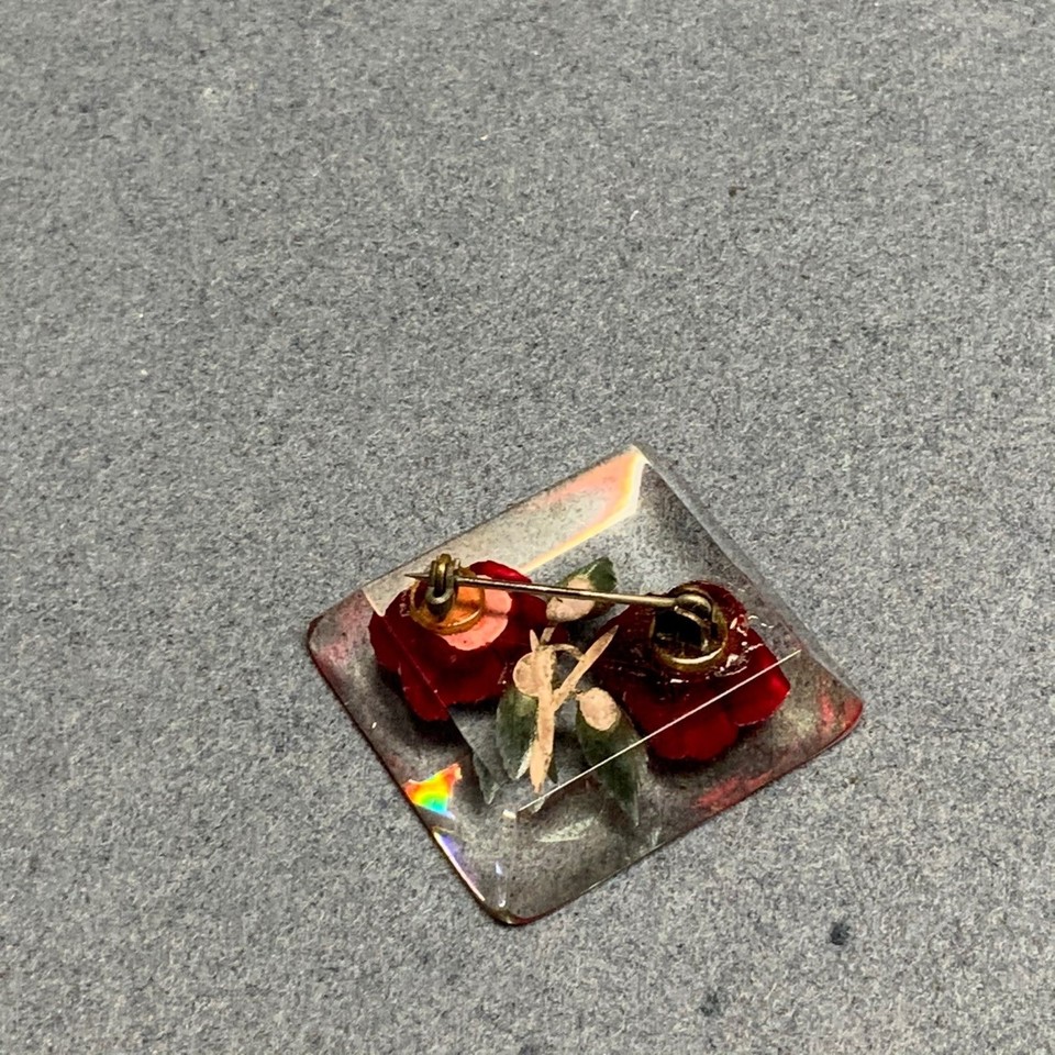 Red Rose Pin Brooch Square Shape Green Leaves Beveled Clear Acrylic ...