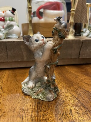 Gray Cat Figurine Tabby Cat With Mouse | eBay