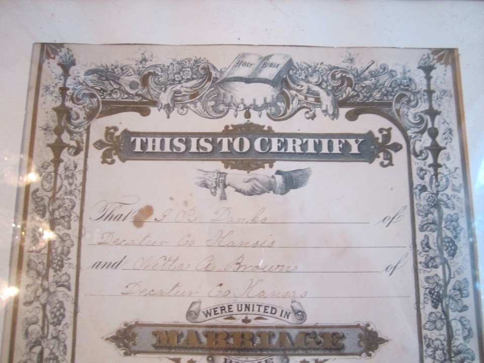 1880'S KANSAS MARRIAGE CERTIFICATE - AUTHENTIC - FRAMED - 15" X 12 ...