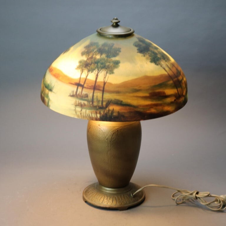 Arts & Crafts Jefferson Reverse Painted Table Lamp with Landscape Scene ...