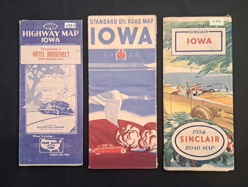 1934 Iowa Road Maps Lot of 3 Standard Oil Sinclair and Hotel Roosevelt ...